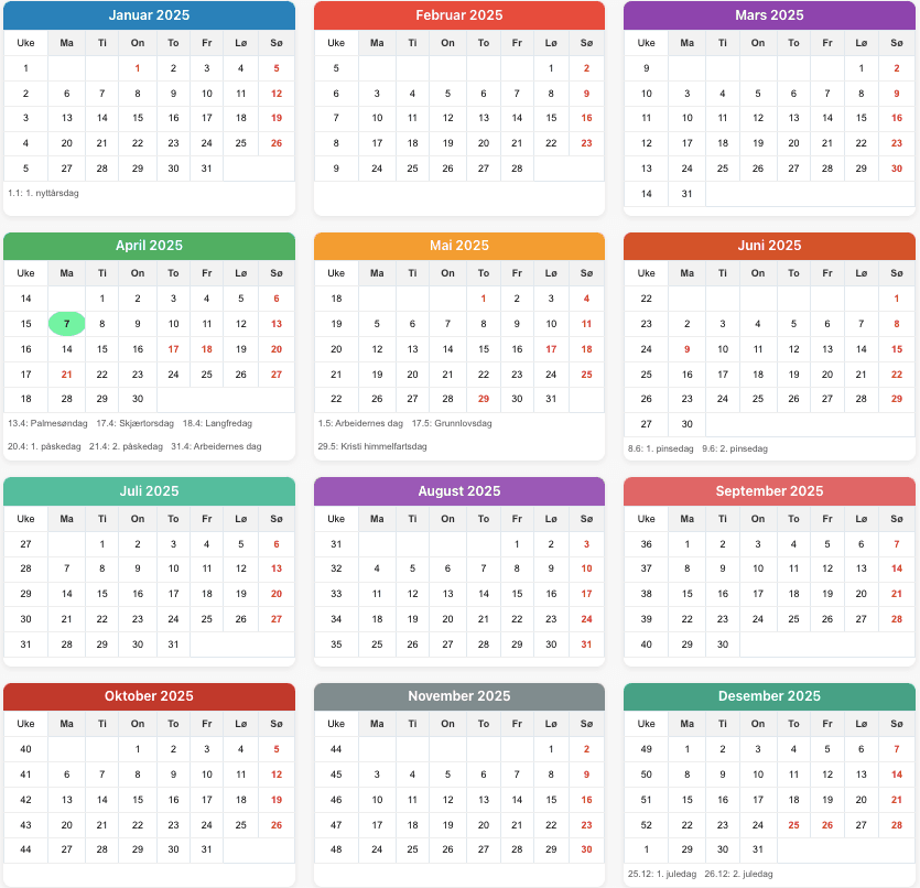 Norsk Kalender 2026 ⭐ - Med Ukenummer og Helligdager 📅