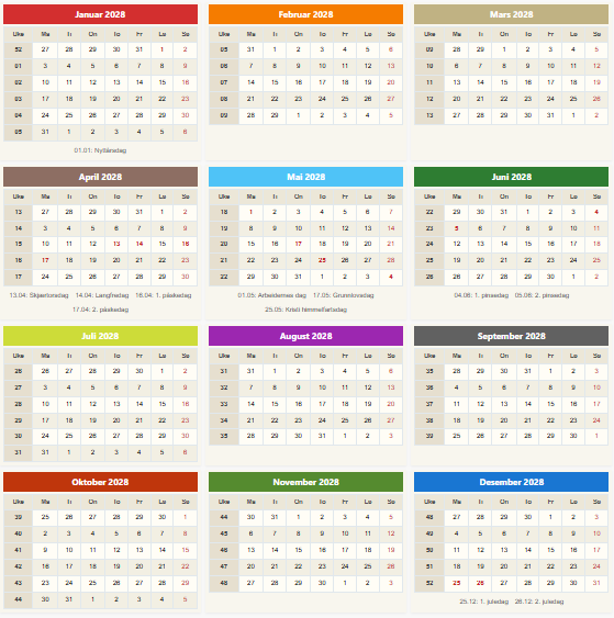Kalender 2028 - Ukenummer, Helligdager og Flaggdager